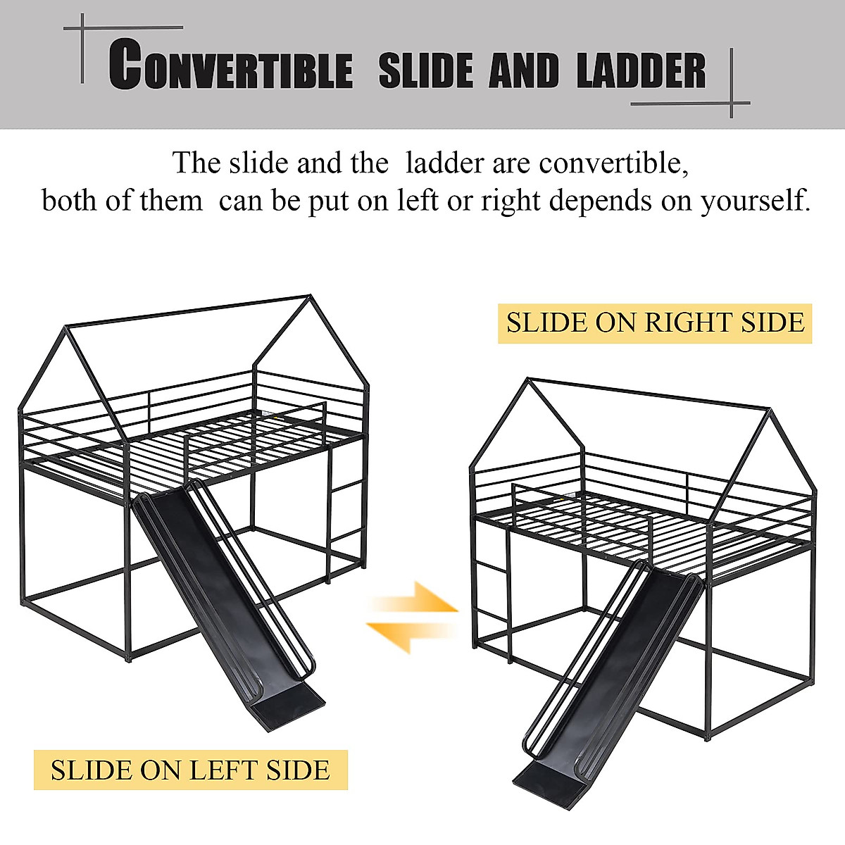 CITYLIGHT Metal Bunk Beds with Slide, House Bunk Bed Twin Over Twin with Roof, Kids Floor Bunk Beds with Built-in Ladder for Girls Boys Toddlers, Black