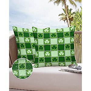 Outdoor Pillows 18x18 Waterproof Outdoor Pillow Covers, St. Patrick's Day Shamrock Plaid Polyester Throw Pillow Covers Garden Cushion Decorative Case for Patio Couch Decoration Set of 2, Buffalo Check