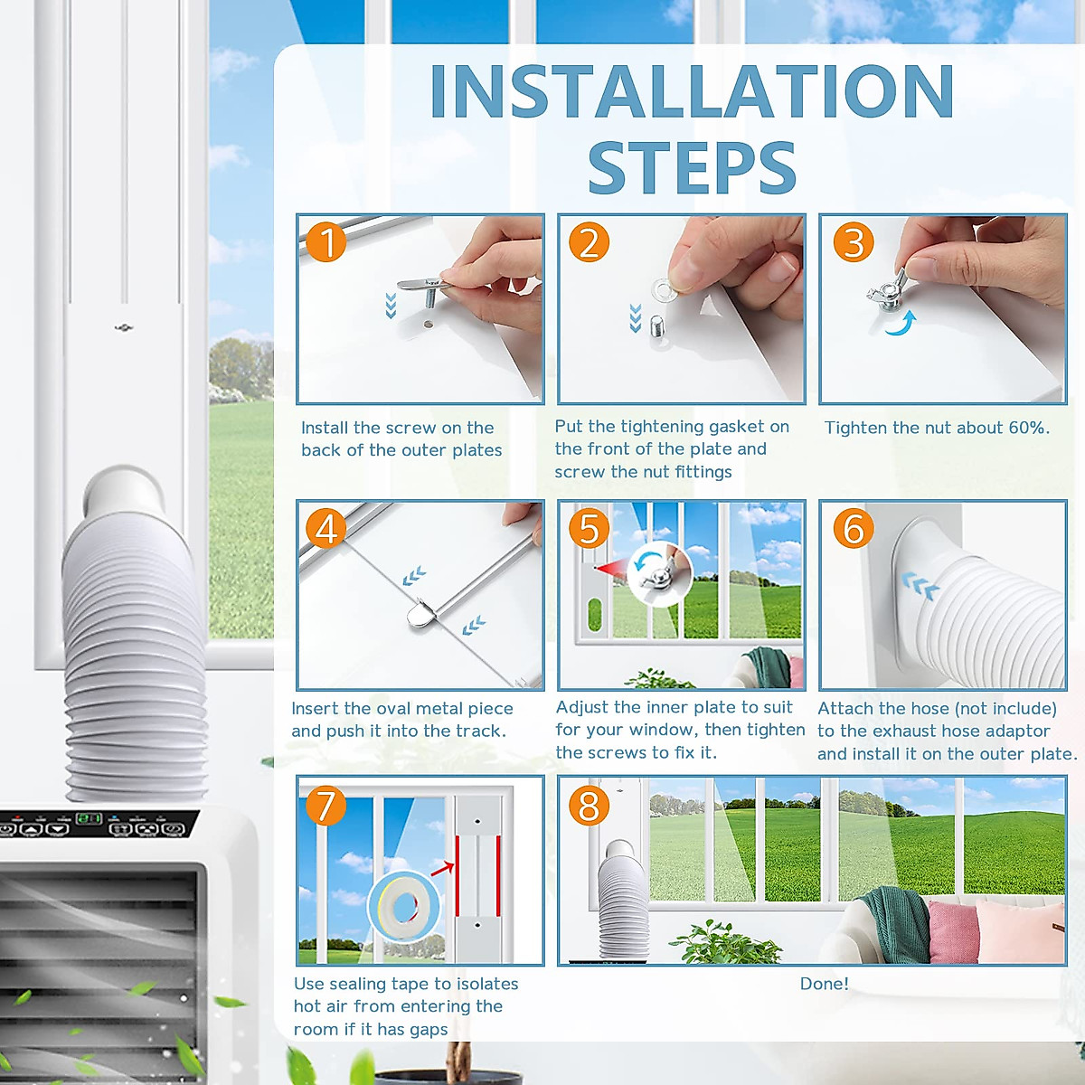 Portable Air Conditioner Window Kit for 5.1" Exhaust Hose, Window Seal Plates with Coupler and Bird Guard for Sliding Window, Adjustable Length From 16.9-47 inches Universal AC Vent Kit for AC Unit