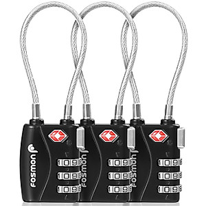 Fosmon TSA Approved Cable Locks for Luggage, Suitcase, Gun Case Locks with Push Release Button, 3 Digit Long Shackle Combination Wire Locks for Backpack Zipper Anti Theft, Gym Locker -3 Pack, Black