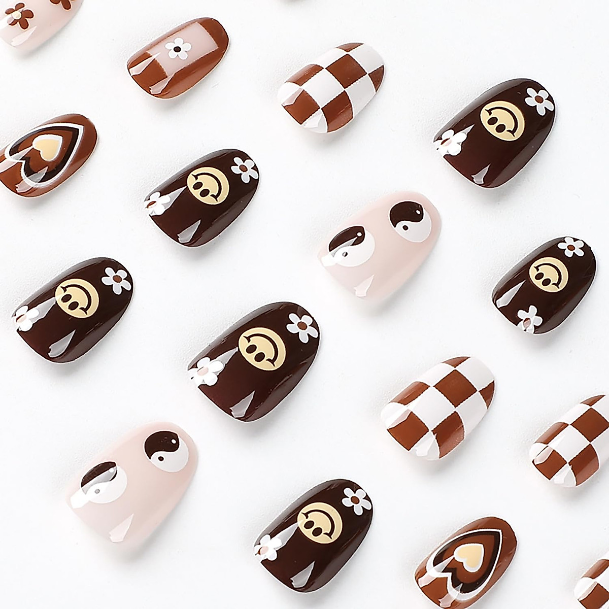 24 Pcs Brown Press on Nails Almond Fake Nails Medium False Nails with Heart Happy Face Flower Designs French Tip Glue on Nails Full Cover Acrylic Nails Cute Stick on Nails for Women Girls