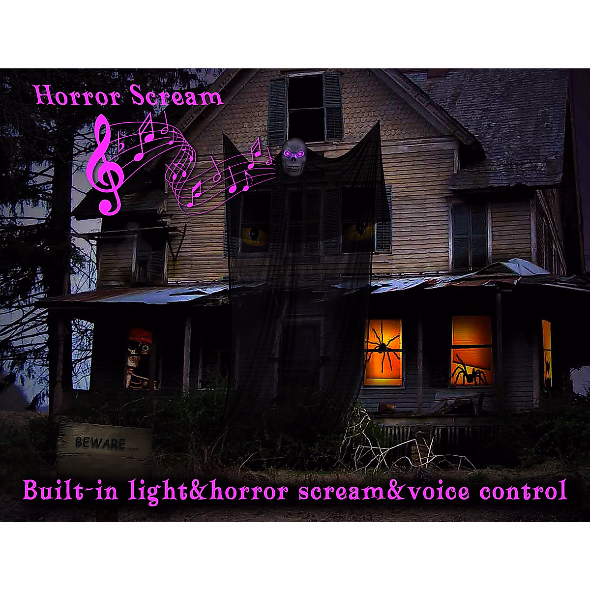 Moon Boat 13.94ft Halloween Ghost Hanging Activated Decorations with LED Light-up Purple Eyes&Voice, Scary Creepy Indoor Outdoor Decor(Batteries Not Included)