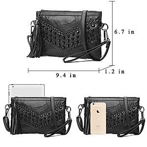 KARRESLY Women's Rivets Studded Shoulder Bag Black Tassel Clutch Bag Cross Body Bags(Black-3)