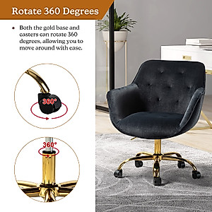 HULALA HOME Velvet Office Chair with Gold Base, Modern Cute Mid-Back Desk Chair, Adjustable Swivel Task Chair for Living Room, Bedroom, Study, Vanity, Black