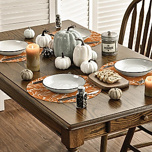 Artoid Mode Orange Eucalyptus Leaves Round Fall Placemats Set of 4, 14 Inch Seasonal Autumn Thanksgiving Round Table Mats for Dining Decoration