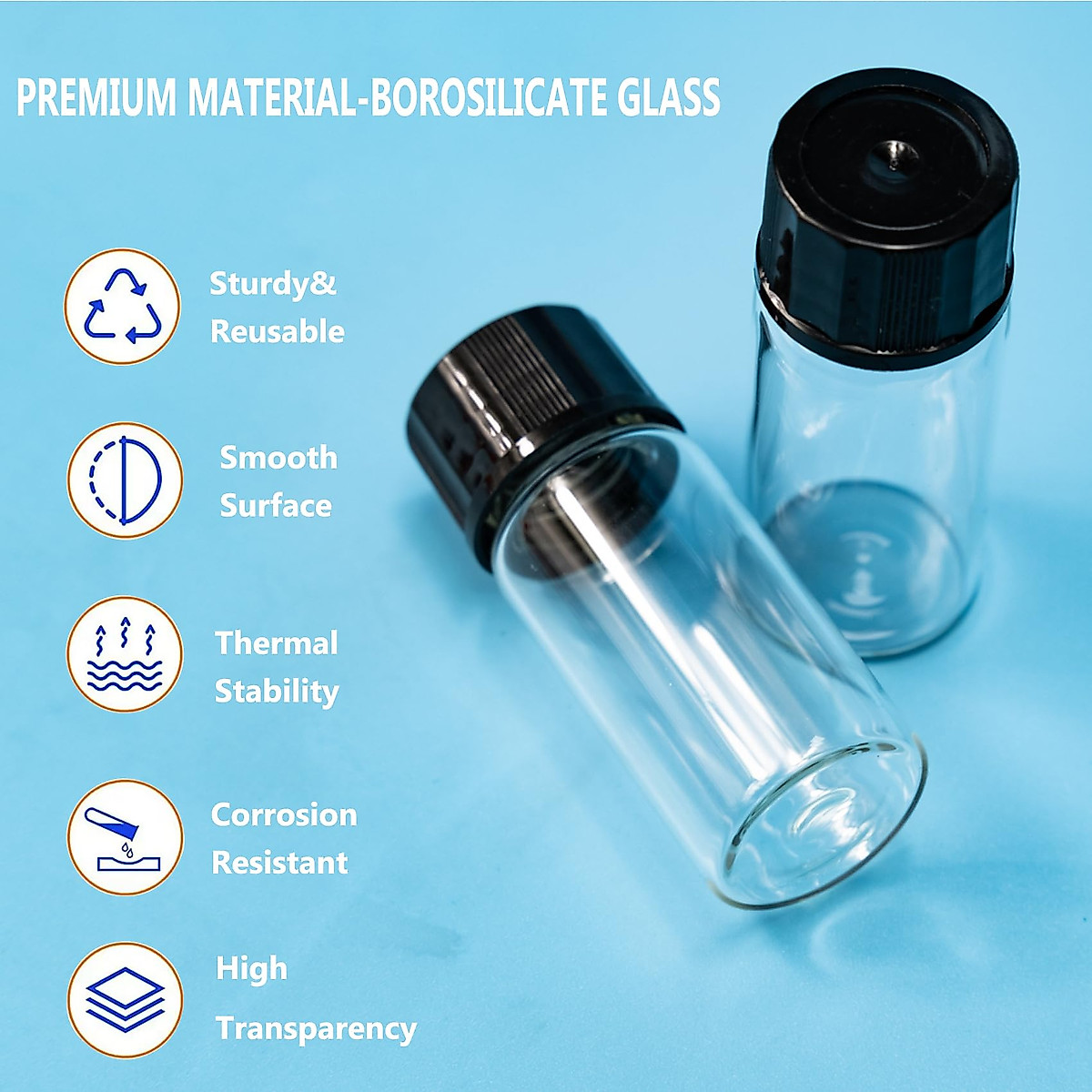 PEKYBIO Clear Glass Sample Vial, Liquid Sampling Sample Glass Bottle, 10ml(0.3OZ) Capacity, Sample Vial 22mm.I.D.* 52mm, 18-400 Thread Black Closed Top Screw Cap,PE Liner, Pack of 100