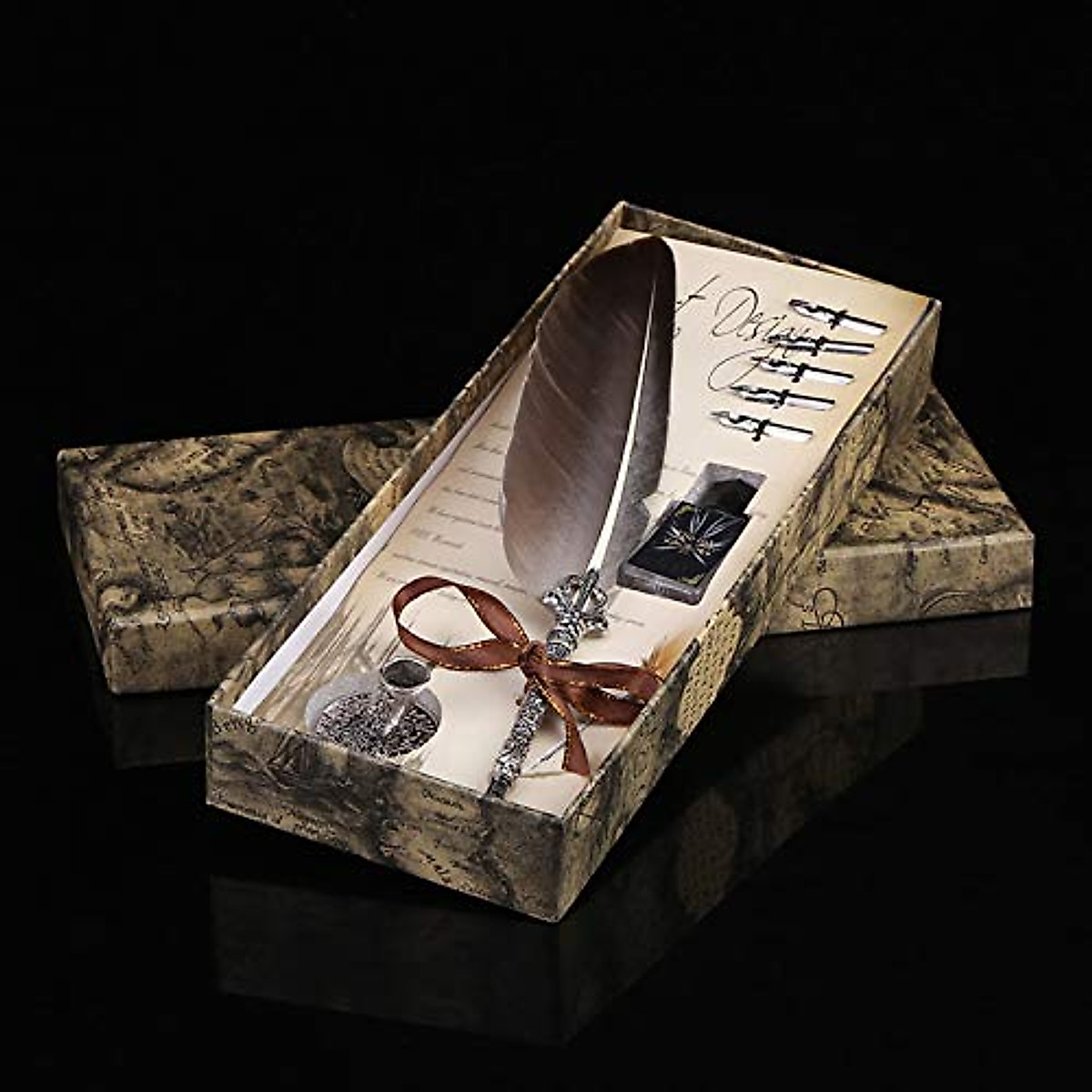 Eujgoov Calligraphy Feather Quill Pen Set Fountain Dip Pen and Ink Set in Gift Box with 5 Nibs (Black)