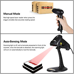 WoneNice Barcode Scanner, Wired Handheld USB Laser Automatic Bar Code Scanner Bar-Code Reader with Stand, Support Windows/Mac/Linux for Store, Supermarket, Warehouse, Small Business - Black