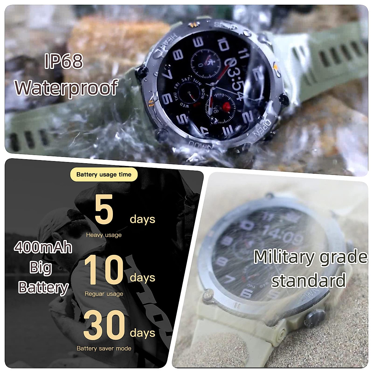 Tiwain Military Smart Watch for Men, 120+ Sport Modes 1.39" Full Screen Tactical watches Rugged for Android Phones iPhone Compatible Fitness Tracker Heart Rate Sleep Monitor Pedometer