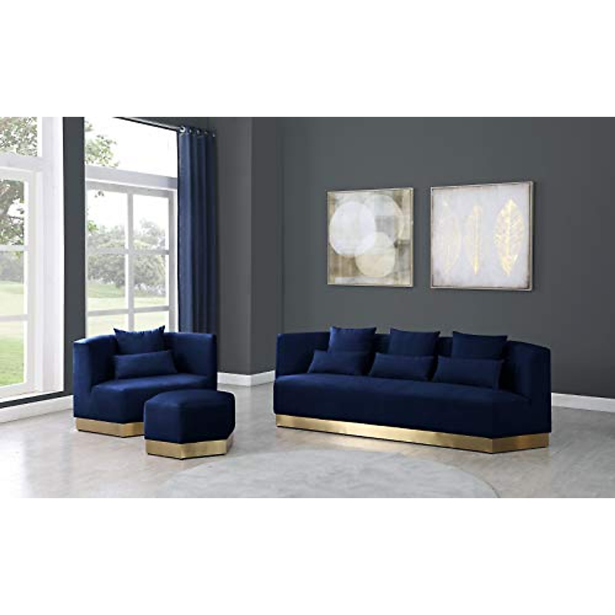 Meridian Furniture Marquis Collection Modern | Contemporary Velvet Upholstered Sofa with Stainless Steel Base in a Rich Gold Finish, 93" W x 38" D x 29" H, Navy