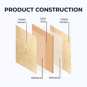Maple | 3.9mm 1/8th inch, 12”x19” Premium Finished Two Sided with MDF Core, Glowforge Ready | Walnut, Cherry, Maple, Red Oak, White Oak, Alder, Pine, Cedar, Sapele, Mahogany, Hickory, Bamboo