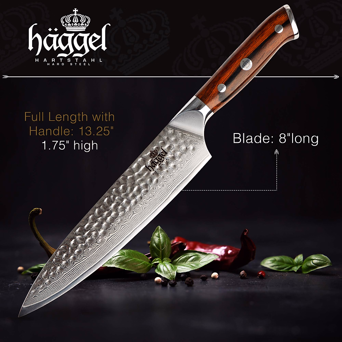 Haggel 8 Inch Damascus Chef Knife for All-Around Food Preparation Ultra-Sharp Professional Kitchen Knife Hand Hammered VG10 Stainless Steel Knife Best Gifts for Chefs