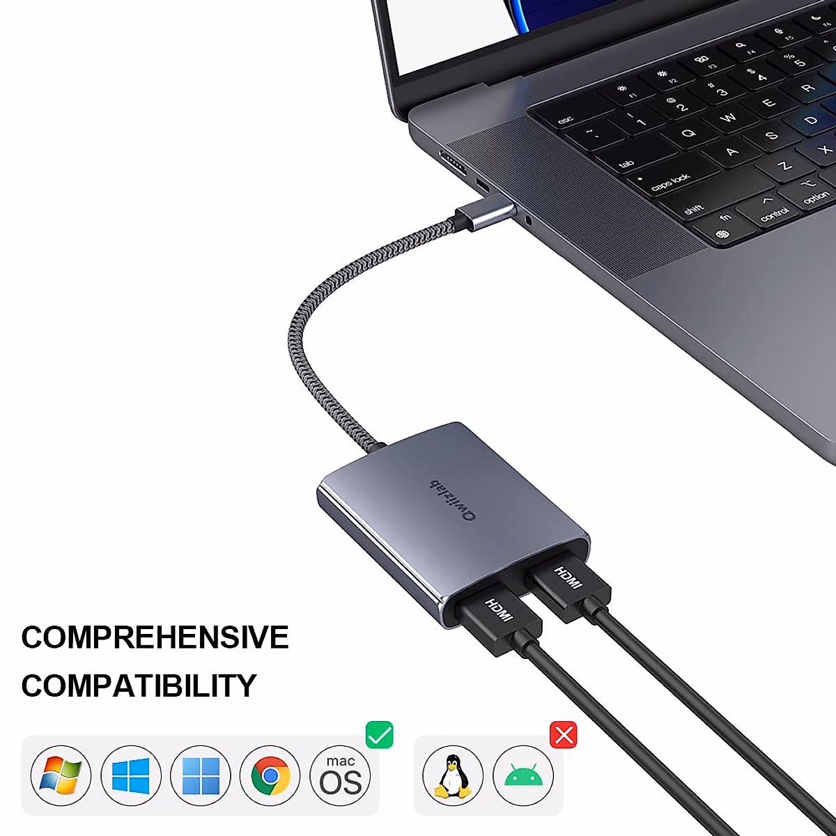 Qwiizlab USB C to Dual HDMI Adapter for Windows & Mac, Two Monitors Output (1x 8K@30Hz, 1x 4K@60Hz), Supports DisplayPort Alt Mode for Multi-Stream Transport