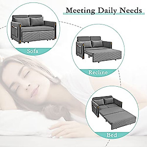 CALABASH Sofa Bed,Pull Out Couch Bed Sleeper Sofa,54" Modern Convertible Velvet Loveseat with 2 Pillows and Side Pockets, Small Love seat Sofa Bed w/Headboard for Living Room, Apartment (Grey)