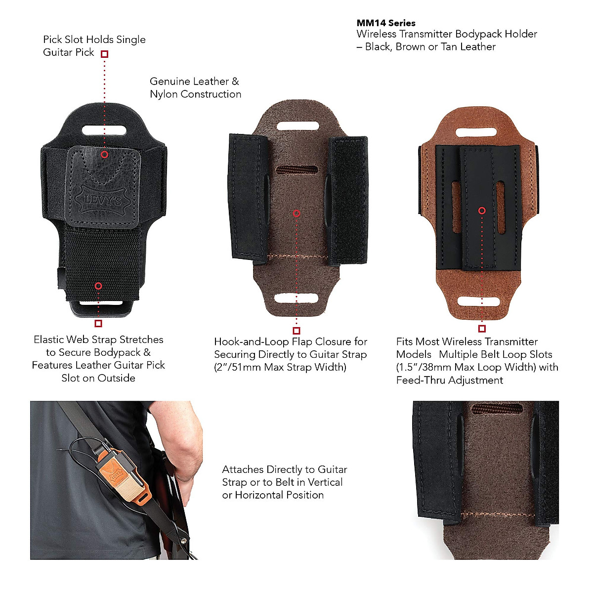 Levy's Leathers Wireless Transmitter Bodypack Holder; Black Leather (MM14-BLK)