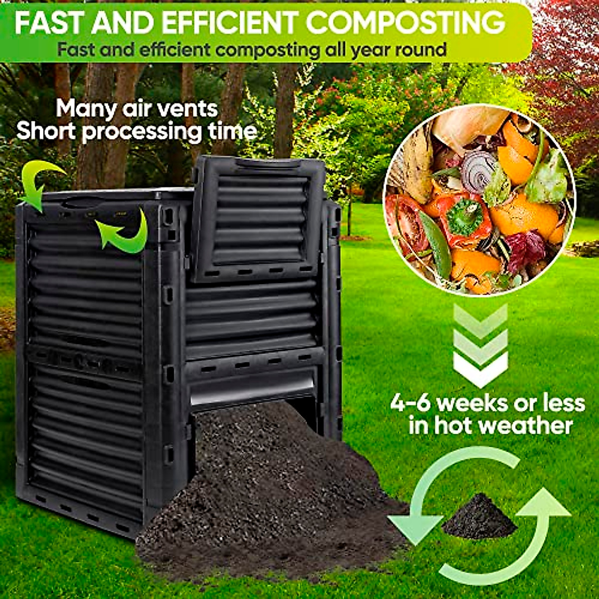 F2C Garden Compost Bin from BPA Free Material -80 Gallon(300 L) Large Compost Bin Aerating Outdoor Compost Box Easy Assembling, Lightweight, Fast Creation of Fertile Soil, Black