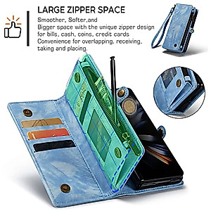 Zttopo for Samsung Galaxy Z Fold 4 Case, 2 in 1 Galaxy Z Fold 4 Wallet Case with Premium Leather Zipper Lanyard Card Holder, Durable Wristlet Flip Case Wallet Money Pocket Cover, Sky Blue