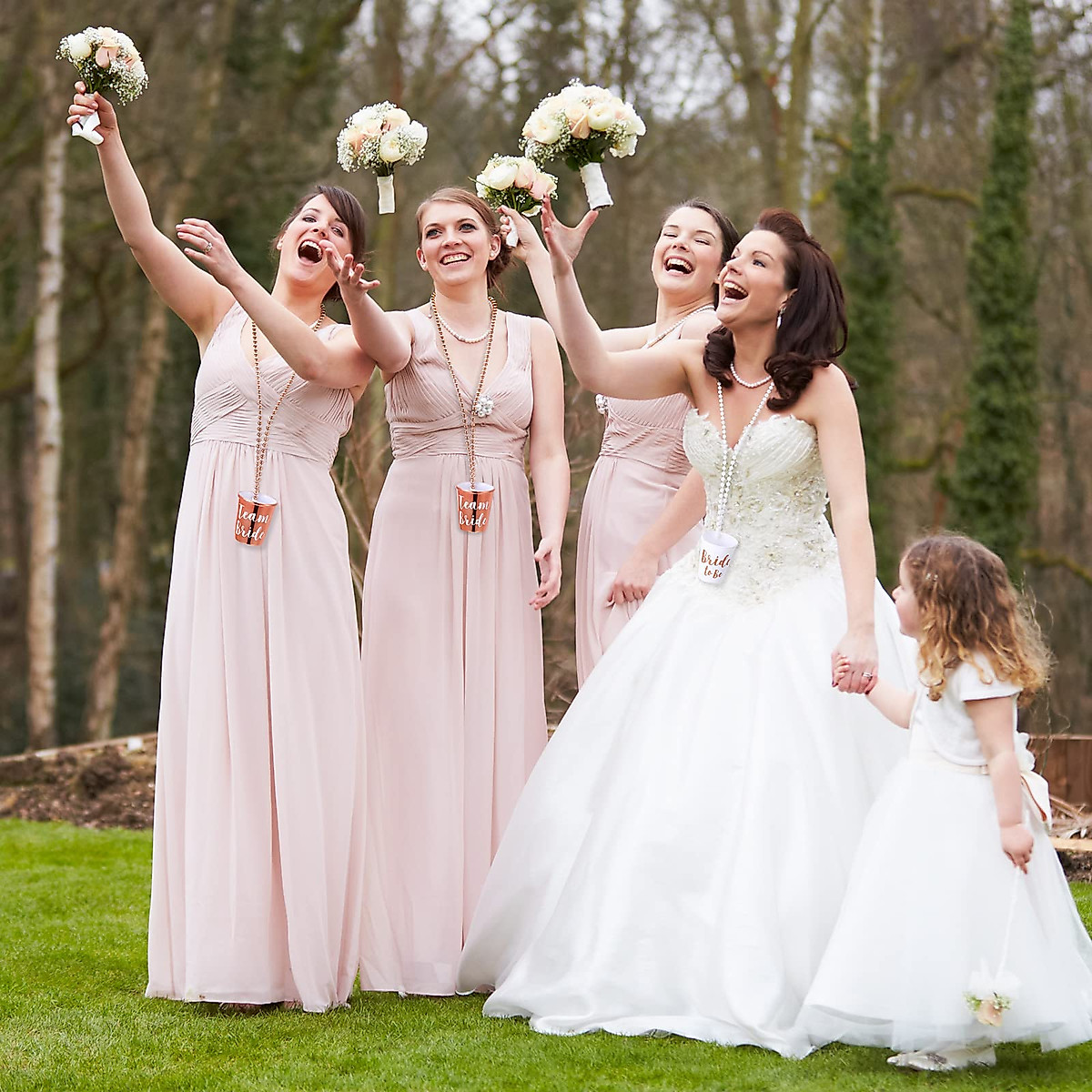 Maitys 12 Pieces Bride Plastic Beaded Bridal Shot Glass Necklace Gold Foil for Bachelorette Party Bridal Party Necklaces (White, Rose Gold)