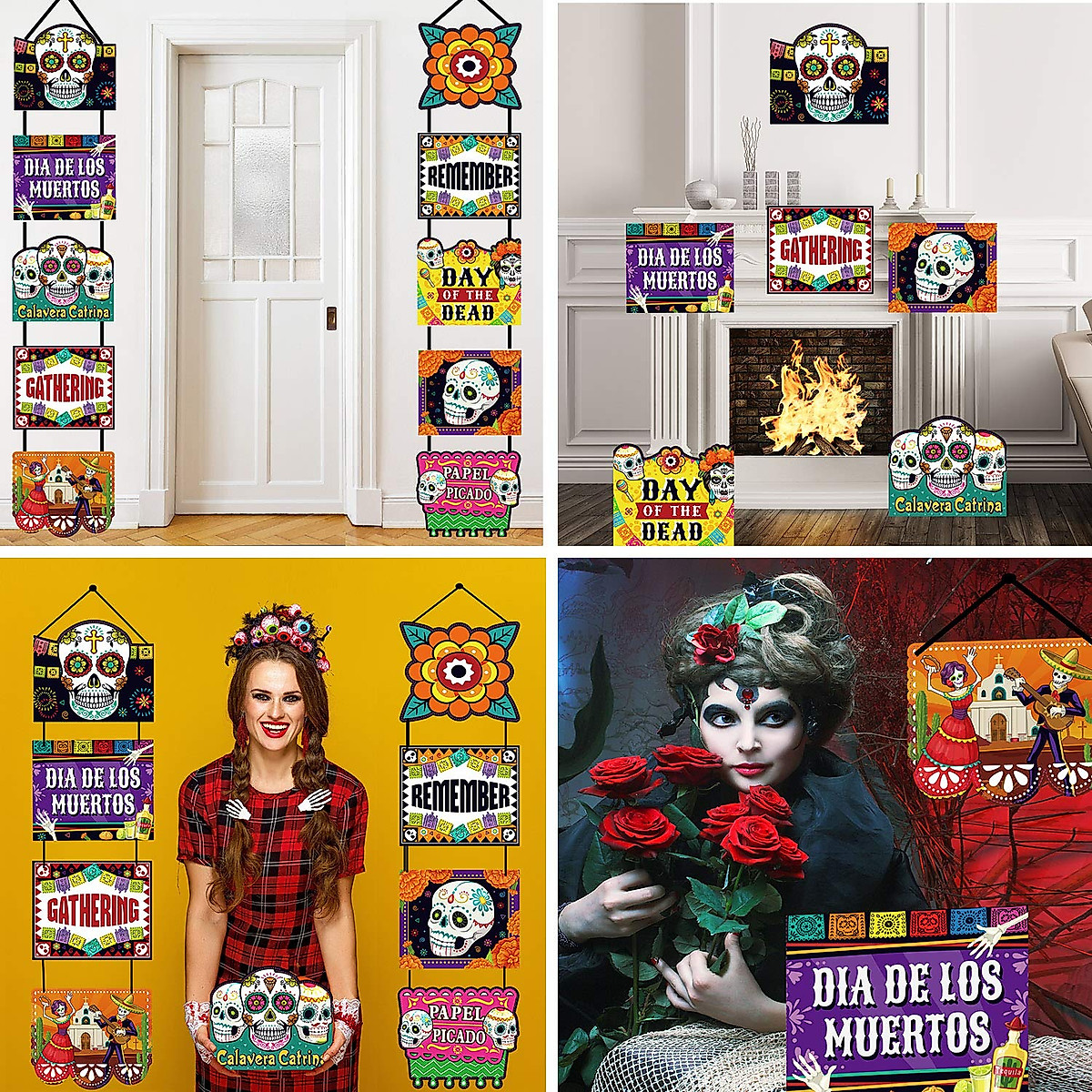 Day of the Dead Decoration Dia de los Muertos Banner Laminated Day of the Dead Signs Indoor Outdoor Mexican Decoration Party Welcome Porch Sign Paper Cutouts