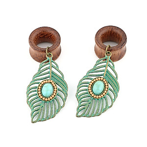 Balala 9/16 inch 14mm Antique Patina Brass Leaf Dangle Wood Ear Gauges Flesh Tunnels Piercing Plugs, Oval Turquoise Center