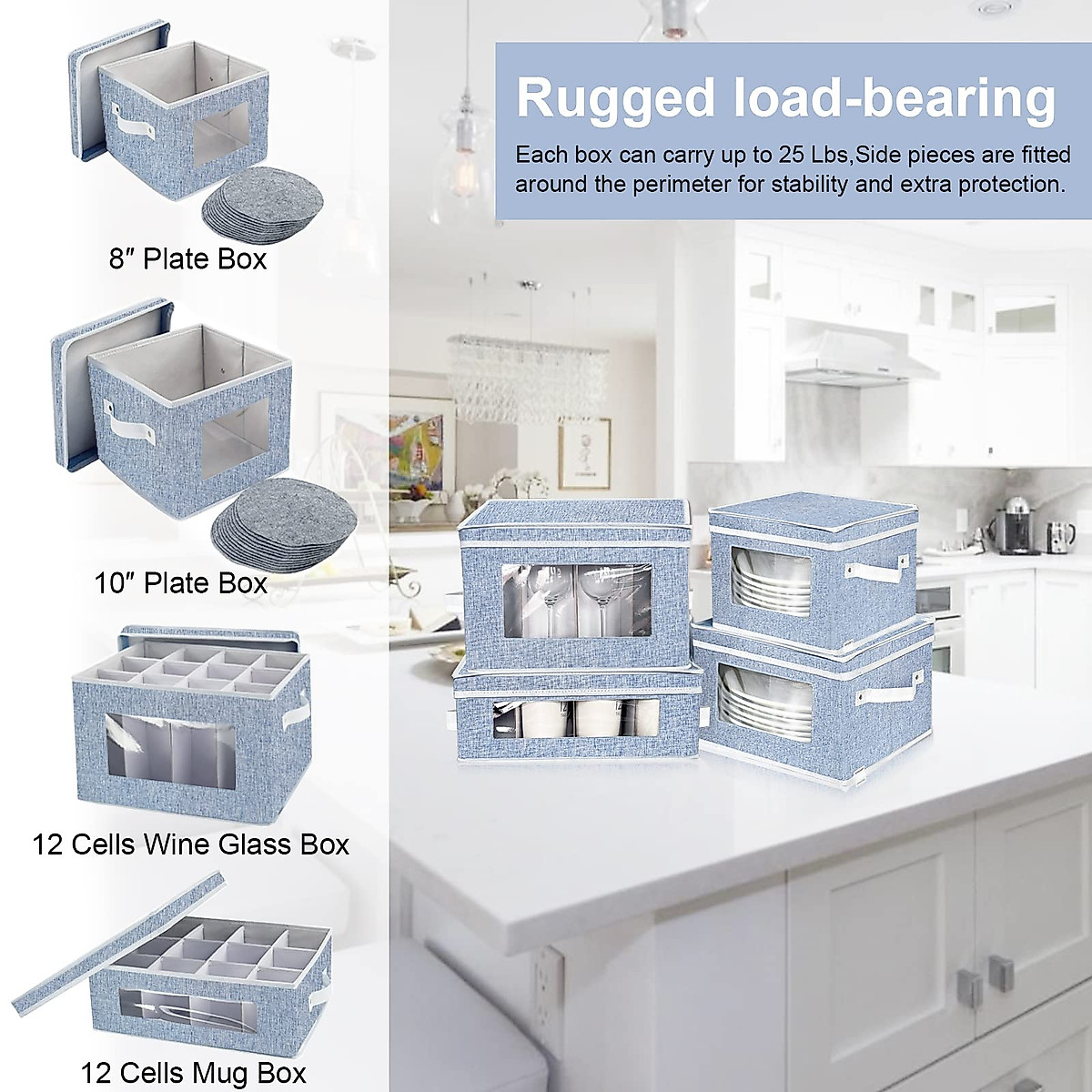 homyfort China Storage Containers for Mug, Stemware Storage and Plates, China Dishes Coffee Tea Cups Mugs Wine Glasses Transport, Hard Shell and Stackable, Includes 24 Felt Protectors Set of 4 (Blue)