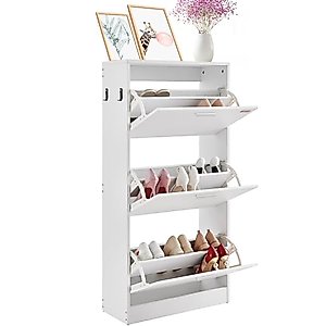 VEVOR Shoe Cabinet with 3 Flip Drawers, Shoe Storage Cabinet for Entryway, Free Standing Shoe Storage Organizer with Side Hooks for Heels, Boots, Slippers in Hallway, Living Room