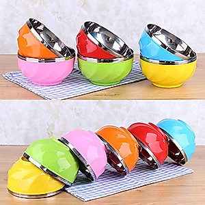 CMJLBM 6 Pack Colorful Stainless Steel Bowls,4.92 Inch Double Walled 15 oz Heat Insulation Anti-fall Anti-scalding Kids Rice,Soup,Noodles,Salad Bowl (15 oz) Silver