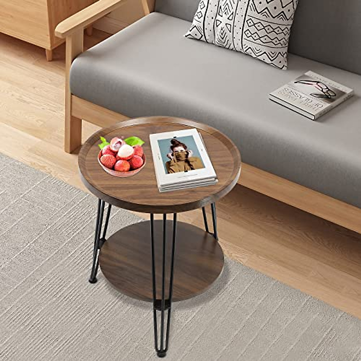 Round End Table, Small Side Table with Storage Shelf, 2-Tier Circular Rustic Vintage Table, Solid Telephone Table Nightstand for Living Room Bedroom Entryway, Black Metal Leg and Walnut Boards