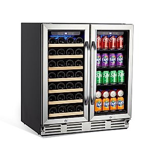 30 inch Wine and Beverage Refrigerator, 33 Bottles & 96 Cans Wine Cooler Refrigerator, Dual Zone Wine Cooler with Glass Door and Lock, Built in or Freestanding Under Counter Wine Fridge