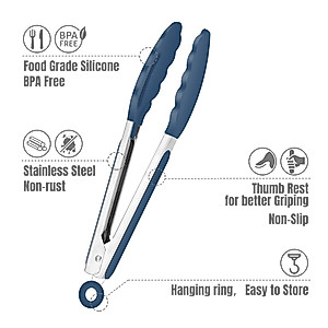 Hotec Mini Silicone Kitchen Tongs for Cooking - 7-Inch Small Serving Tongs with Silicone Tips, Set of 3 (Blue)