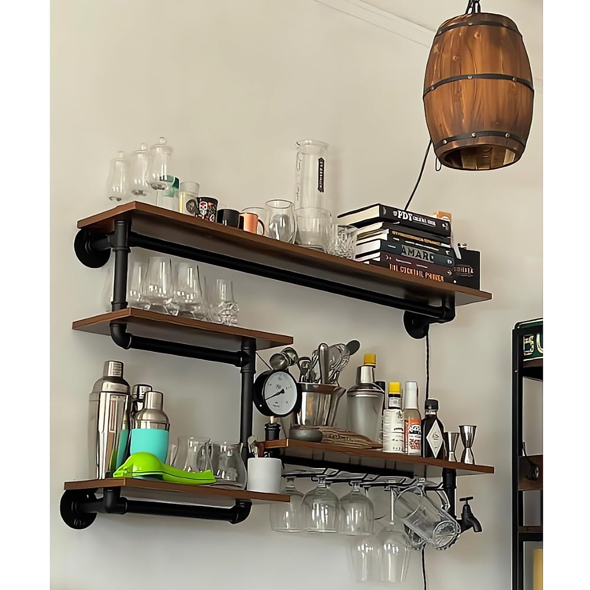 HEONITURE Bar Shelf Industrial Pipe Shelving 4 Stem Glass Holder,39in Floating Wine Rack Wall Mounted Shelves,Hanging Liquor Shelves,Display Rack Home Bar Living Room Black 7.87Dx7.87Wx23.6H''