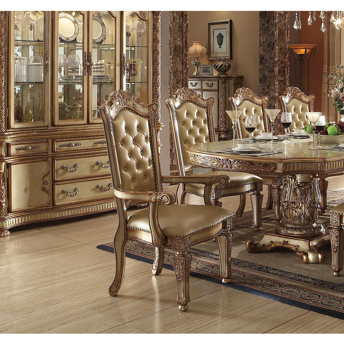 Generic 10PS Formal Dining Room Set Kitchen Furniture Include 1 Dining Table, 6 Side Chairs, 2 Arm Chairs and 1 Buffet & Hutch, 8-Person Solid Wood Extendable Dining Set (Gold Patina), DAE0200