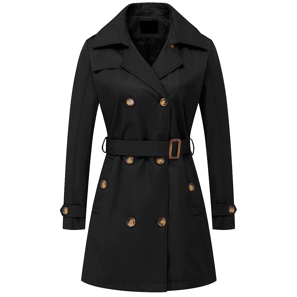 Chrisuno Women's Double-Breasted Trench Coat Classic Lapel Overcoat Slim Outerwear Coat with Belt Black L