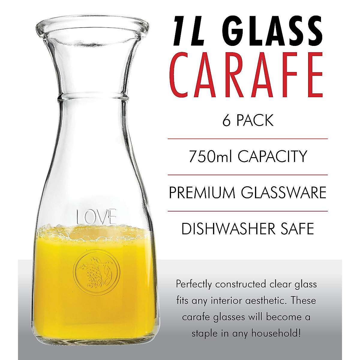 Kitchen Lux Carafe Pitcher Glass Set - Glass Water Pitcher & Water Carafe - Love Elegant Wine Decanter & Mimosa Bar Set - Easy Grip Neck & Wide Mouth for Pouring