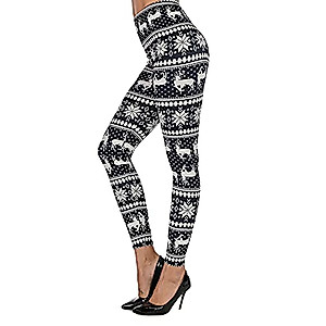 Uaderize Womens Ultra Soft Brushed Christmas Leggings Pants Reindeer Black and White L