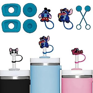 Silicone Spill Proof Stopper Set of 6+ 2 cartoon straw caps，Compatible with Stanley 1.0/30&40 Oz Tumbler with Handle,Silicone Straw Topper for Stanley Cups Accessories (Blue)