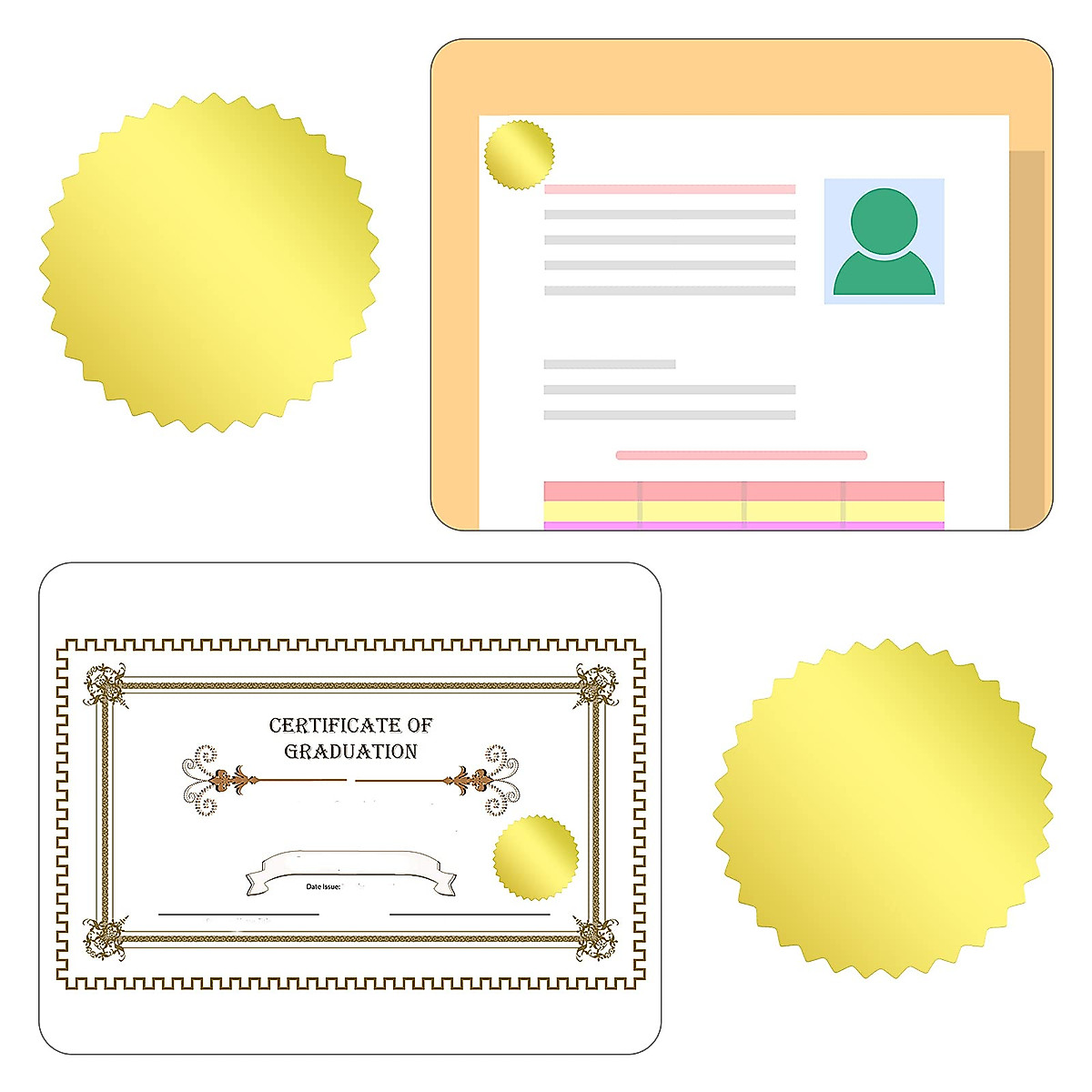 Outus 500 Pieces Certificate Wafer Embossing Seal Stickers Gold Starburst Labels Stickers with Serrated Edge for Envelopes Business, 2 Inch Round Gold