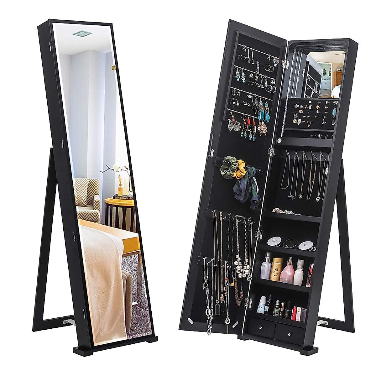 Savins gt1-DL 79 Blue Led Jewelry Cabinet, Jewelry Storage Cabinet, Upright Jewelry Cabinet With Long Mirror（Black）