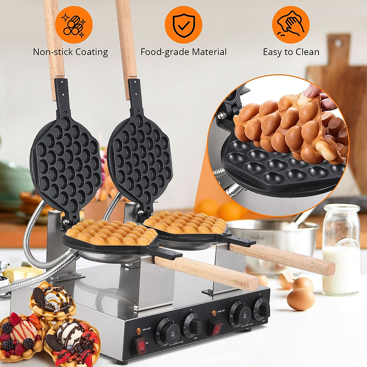 Bubble Waffle Maker 2800W Electric Bubble Waffle Maker Machine Non-stick Egg Waffle Maker Bubble Waffle Baker for Home and Commercial Use