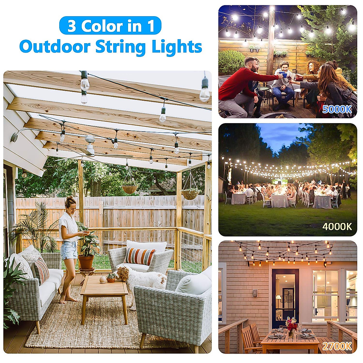 3 Color Dimmable LED Outdoor String Lights with Remotes, 48FT Waterproof Patio Hanging Lights with Shatterproof E26 S14 LED Bulbs for Bistro Cafe Pergola Party, Warm White/Nature White/Daylight White