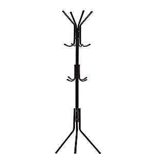 Free-Standing Coat Rack Metal Stand - Hall Tree Entry-Way Furniture Best for Hanging Up Jacket, Purse, Hand-Bag, Cloth, Hat, Winter Scarf Holder - Home or Office Floor Hanger 12-Hooks Organizer, Black