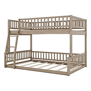 LZ LEISURE ZONE Full XL Over Queen Bunk Bed, Detachable Design Bunk Beds, Modern Wood Bunk Bed Frame with Ladder and Guardrails, No Box Spring Needed, Walnut