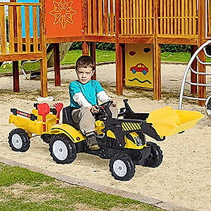 Aosom Kids Ride-On Excavator, Pedal car Bulldozer Move Forward/Back with Real Working Dirt Bucket, 6 Wheels, & Cargo Trailer