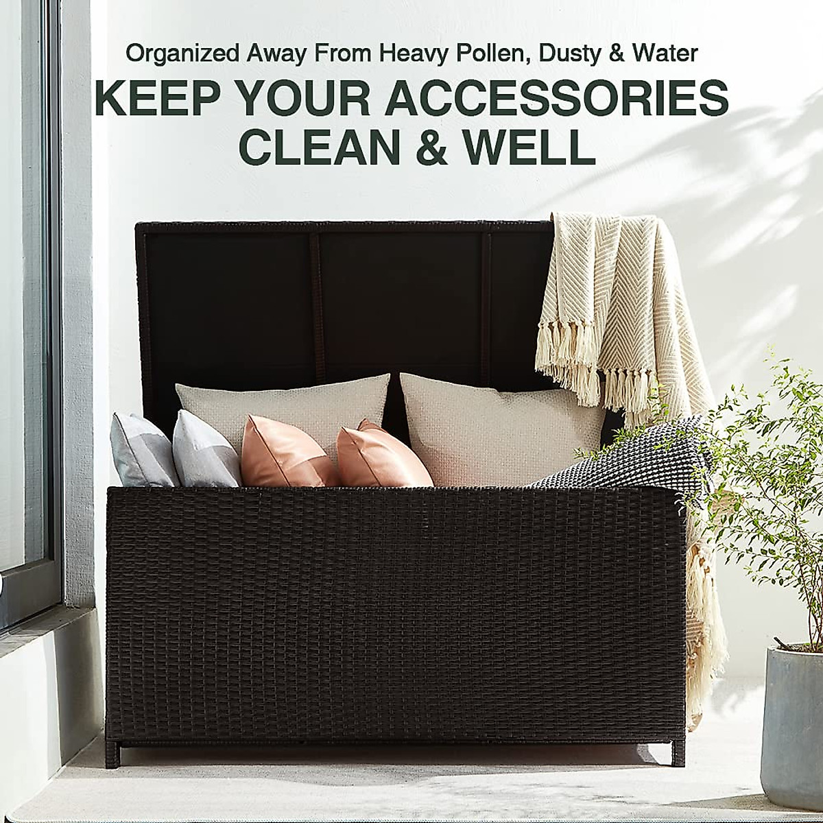 Dulce Domi 120 Gallon Deck Boxes Outdoor Storage Box Waterproof, Modern Resin Rattan Outdoor Wicker Storage Box, Robust Deck Box for Toys, Pool Accessories & Outdoor Tools Storage