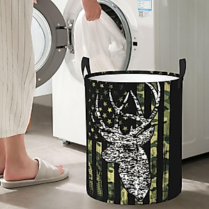 Lightweight Laundry Hamper Compatible With Deer Camo Camouflage American Flag Hunting Black Laundry Basket, Large Fabric Collapsible Clothes Hamper Easy Carrying with Handles for Boys Girls Bedroom