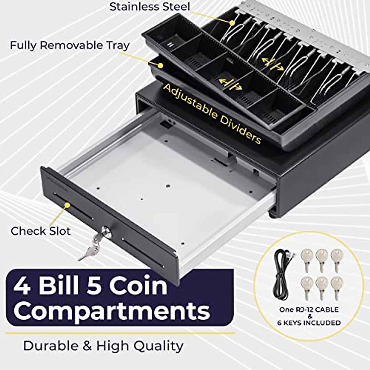 Volcora 13" Cash Register Drawer for Point of Sale (POS) System with Fully Removable 2 Tier Cash Tray, 4 Bill/5 Coin, 24V, RJ11/RJ12 Key-Lock, Double Media Slot, Small Square Money Drawer, Black