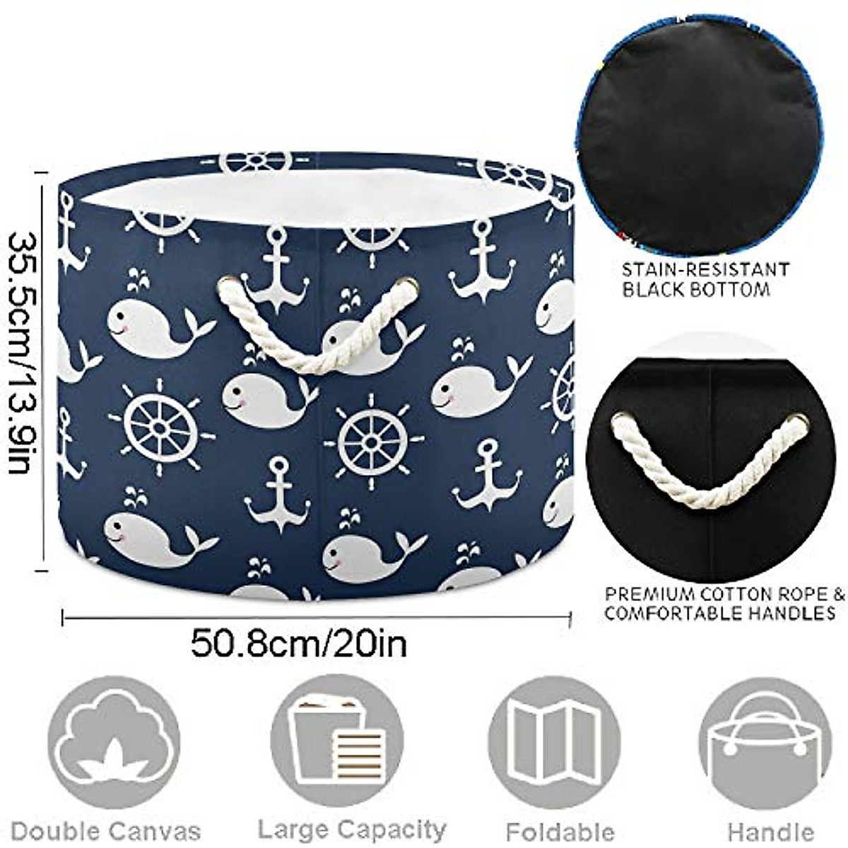 visesunny Collapsible Large Capacity Basket Classic Whale Anchor Clothes Toy Storage Hamper with Durable Cotton Handles Home Organizer Solution for Bathroom, Bedroom, Nursery, Laundry,Closet