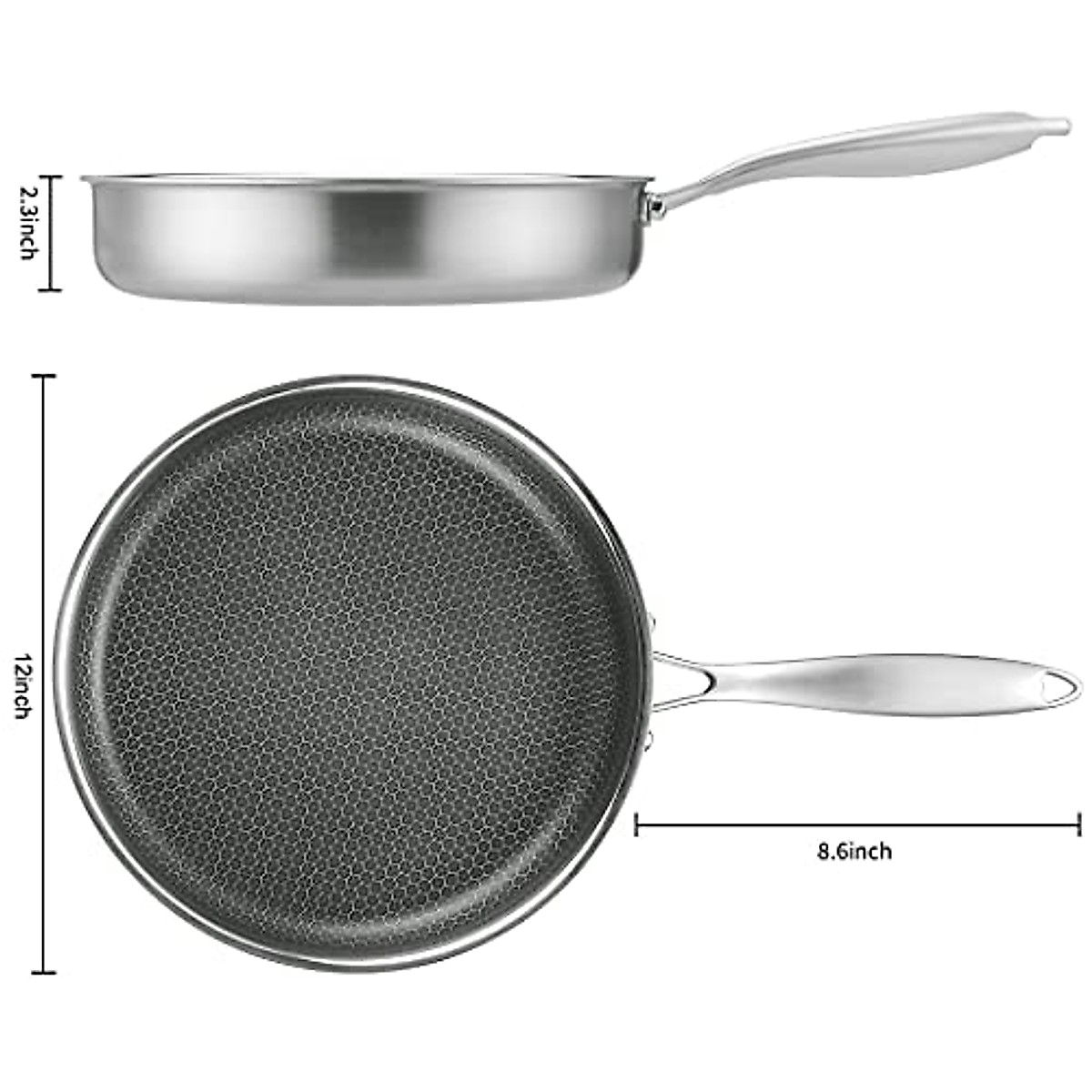 HODRME Stainless Steel Semi Nonstick Frying Pan with Lid-12 Inch Honeycomb Tri-ply Coating Anti Scratch Die Casting Skillet for Gas Electric Induction Ceramic Stoves and Oven Resistant