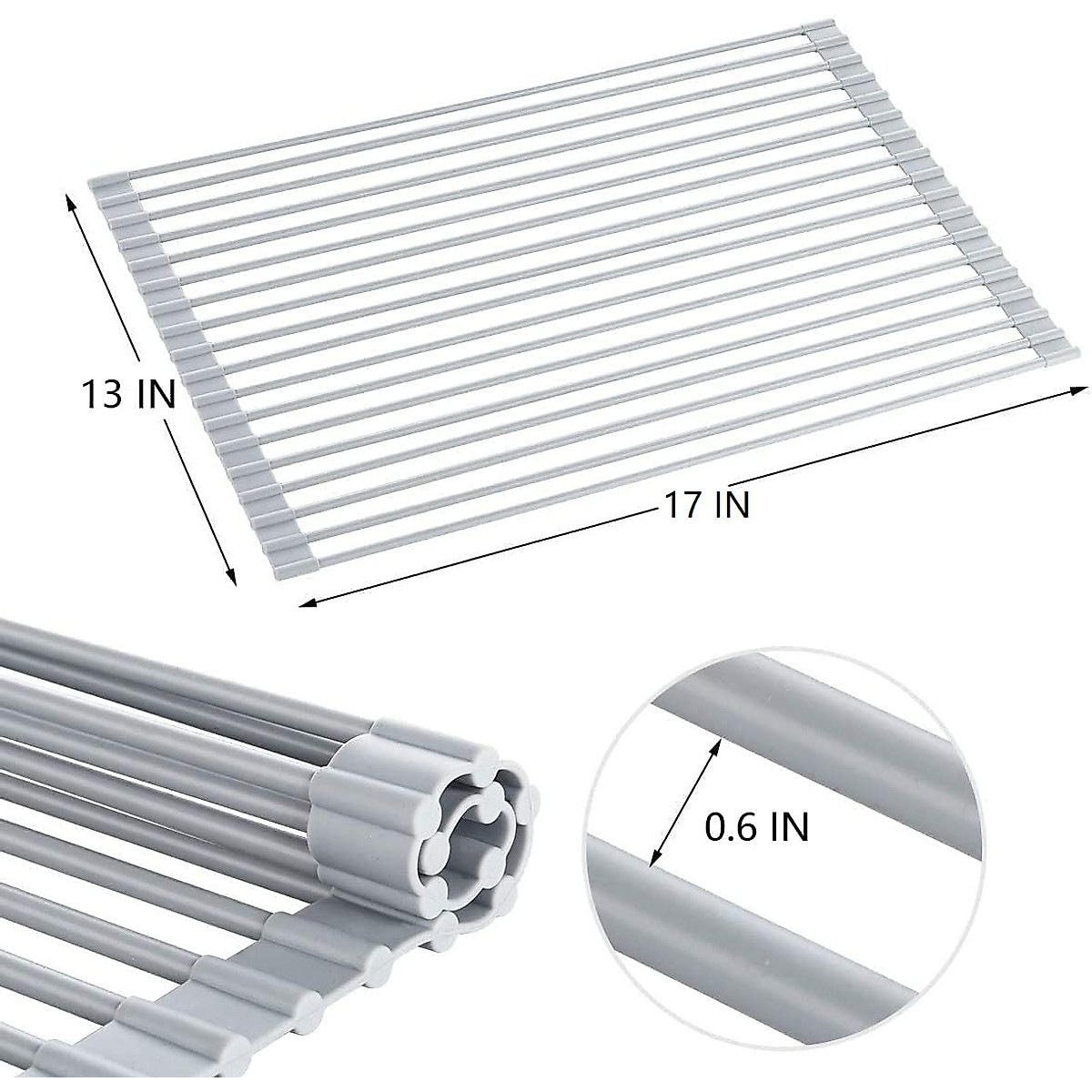 Wizdays Roll Up Dish Drying Rack Kitchen Sink, 17"x13" Foldable Food Safe Grade Silicone Wrapped Stainless Steel Dish Drying Rack, Space Saver, Easy to Use, Clean & Store