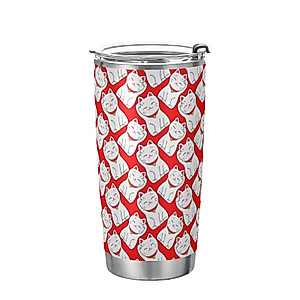 Yasala Tumbler Maneki-neko Lucky Cat Insulated Coffee Cup Beverage Container Travel Mug with Straw and Lid Double Wall Stainless Steel 20oz BPA-Free for Sport, Back to School